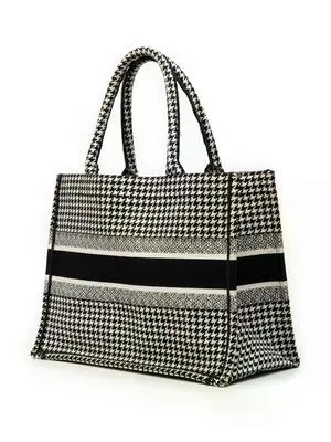 Dior 2019 Medium Houndstooth Embroidered Book Tote Bag - Black