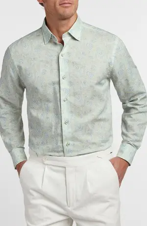 David Donahue Paisley Long Sleeve Linen & Pima Cotton Button-up Shirt - Dune/multi
