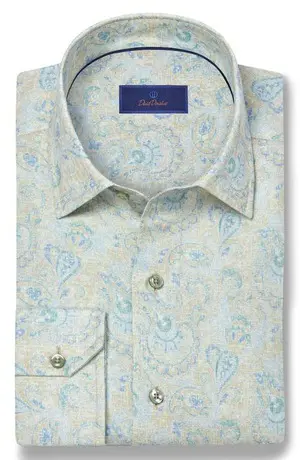 David Donahue Paisley Long Sleeve Linen & Pima Cotton Button-up Shirt - Dune/multi