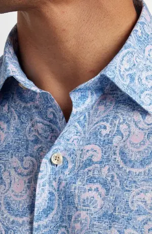 David Donahue Paisley Long Sleeve Linen & Pima Cotton Button-up Shirt - Navy/pink