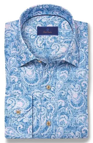David Donahue Paisley Long Sleeve Linen & Pima Cotton Button-up Shirt - Navy/pink
