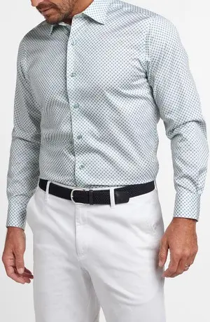 David Donahue Neat Print Cotton Button-up Shirt - Sand/sky