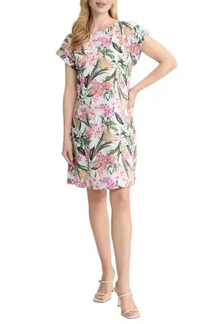 Jones New York Floral Linen Blend Shift Dress - White Sand Multi