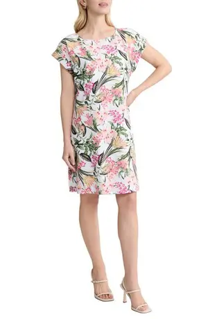 Jones New York Floral Linen Blend Shift Dress - White Sand Multi