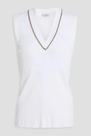 Brunello Cucinelli Beadembellished Ribbed Stretchcotton Jersey Top - White