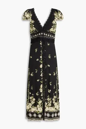 Alice + Olivia Lace-trimmed Floral-print Crepe Midi Dress
