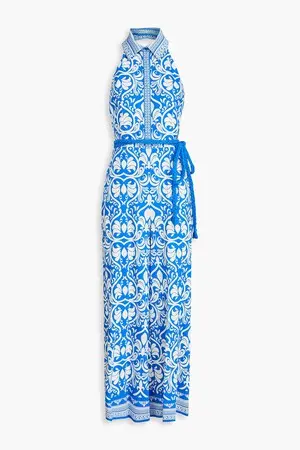 Alice + Olivia Alice Olivia Alara Printed Linenblend Wideleg Jumpsuit - Cobalt Blue