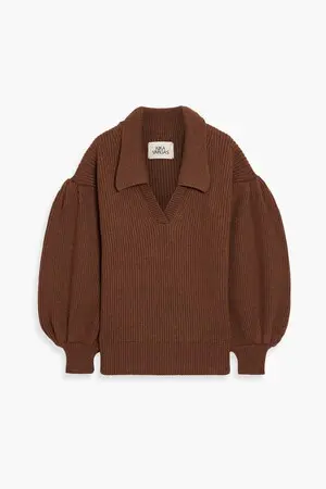 KIKA VARGAS Greta Ribbed Merino Wool Polo Sweater - Chocolate