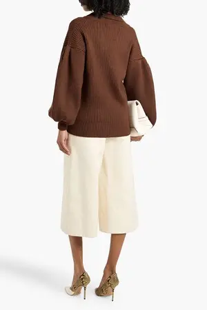 KIKA VARGAS Greta Ribbed Merino Wool Polo Sweater - Chocolate