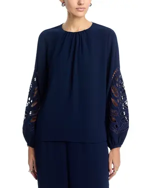 T Tahari Embroidered Sleeve Crewneck Blouse - Navy