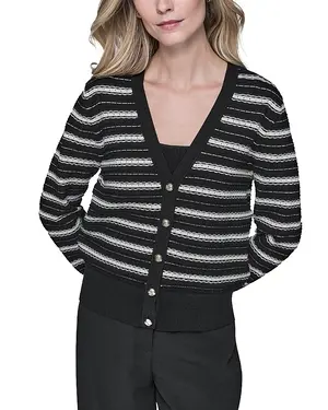 Karl Lagerfeld Paris Striped V Neck Cardigan - Black/ Bisque