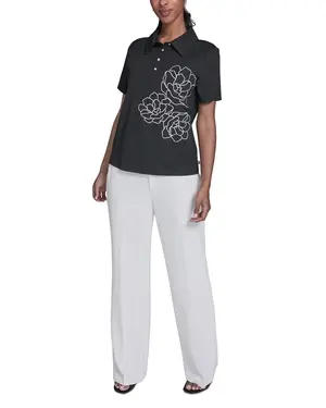 Karl Lagerfeld Paris Floral Embroidered Polo Top