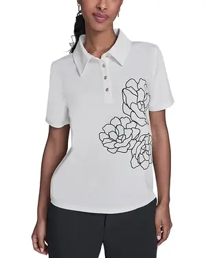 Karl Lagerfeld Paris Floral Embroidered Polo Top - Soft White