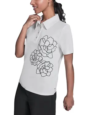 Karl Lagerfeld Paris Floral Embroidered Polo Top