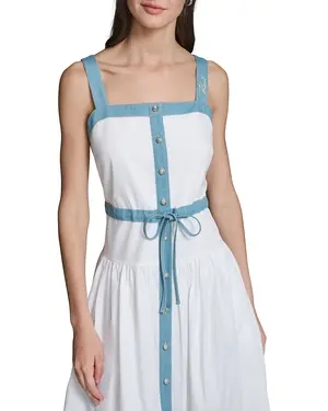 Karl Lagerfeld Paris Poplin Mixed Media Tiered Midi Dress