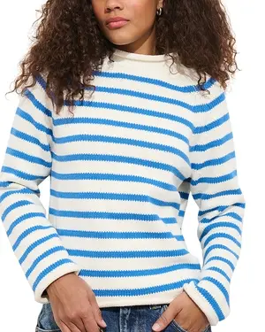 ALEX MILL Eastport Striped Roll Neck Sweater - Sea Salt/ultramatine
