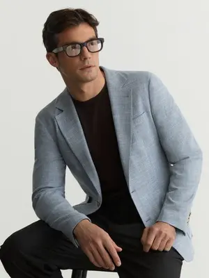 REISS Single-breasted Herringbone Tailored-fit Blazer - Soft Blue