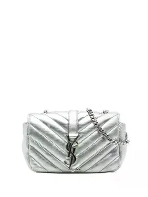 Saint Laurent 2016 Baby Metallic Calfskin Chevron Monogram Classic Chain Bag Crossbody Bag - Silver