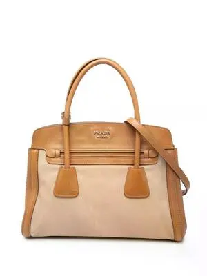 Prada 2010-2025 Saffiano Cuir Trimmed Canapa Satchel - Brown