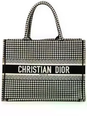 Dior 2019 Medium Canvas Houndstooth Embroidered Book Tote Bag - Black