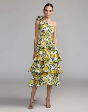 Mac Duggal Yellow One Shoulder Floral Tiered Midi Dress - Yellow Rose