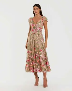 Mac Duggal Floral Embroidered Midi Dress - Nude Multi