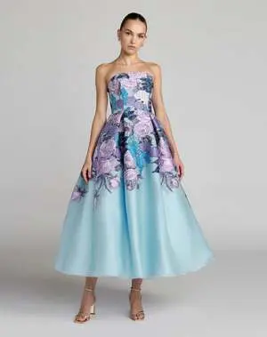 Mac Duggal Strapless Floral Embroidered A-line Midi Dress - Blue Multi