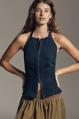 PILCRO Sleeveless Zip-front Denim Top