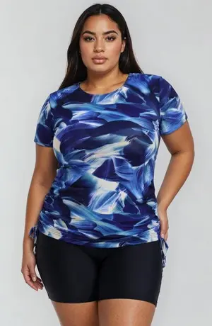 CALYPSA Short Sleeve Swim Top And Mid-thigh Swim Shorts Set - Navy Wave