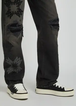 Amiri Distressed Logo-appliquéd Straight-leg Jeans - Denim
