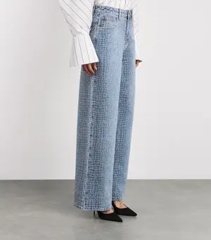 SELF-PORTRAIT Croc-effect Wide-leg High-rise Jeans