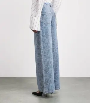 SELF-PORTRAIT Croc-effect Wide-leg High-rise Jeans