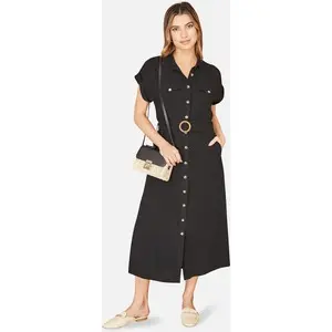 YUMI Linen Look Midi Shirt Dress With Wooden Belt - Black
