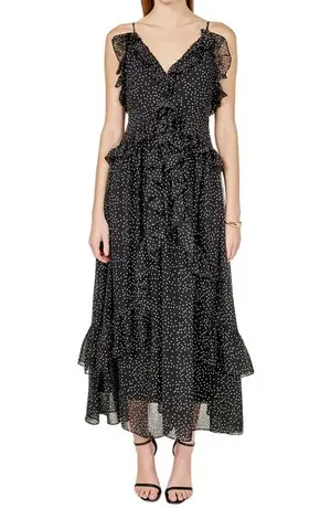 Endless Rose Dot Ruffle Sleeveless Maxi Dress - Black