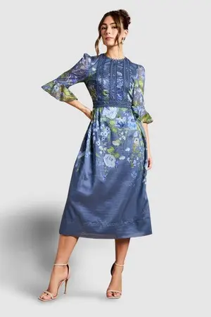 Coast Placement Print Organza Midi Dress - Blue