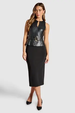 Coast Pu Bodice Pencil Midi Dress - Black