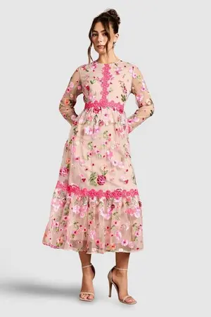 Coast Embroidered Floral Midi Dress - Nude