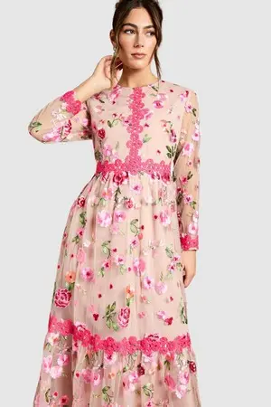 Coast Embroidered Floral Midi Dress - Nude