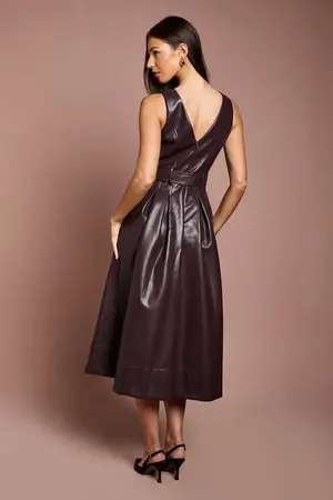 Coast Sleeveless V-neck Belted Pu Dress - Brown
