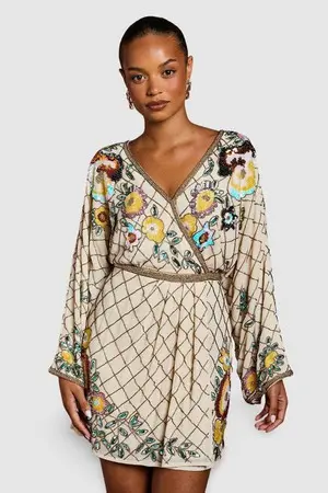 Coast Petite Embellished Wrap Mini Dress - Champagne