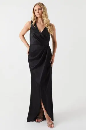 Coast Ruched Satin Bridesmaid Dress - Black