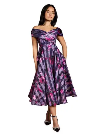 Coast Petite Stripe Organza Bardot Midi Dress - Purple