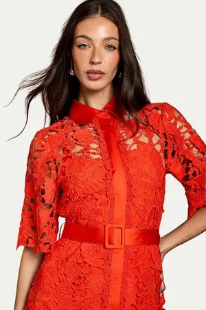 Coast Lace Short Sleeve Shirt Dress - Flame Red