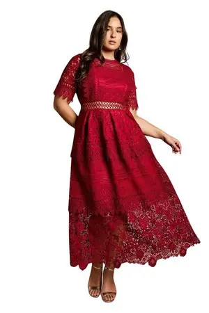 Coast Plus Embroidered Lace Midi Dress - Berry