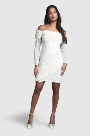 Coast Bardot Long Sleeve Sequin Mini Dress - Ivory