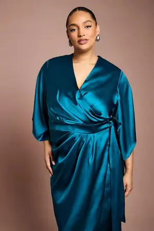 Coast Satin Wrap Midi Dress - Teal