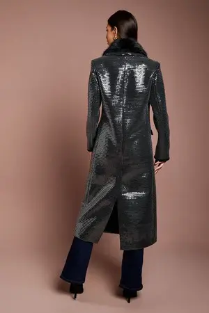 Coast Faux Fur Collar Sequin Longline Coat