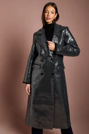 Coast Faux Fur Collar Sequin Longline Coat