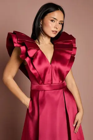 Coast Petite Frill Sleeve V-neck Midi Dress - Red