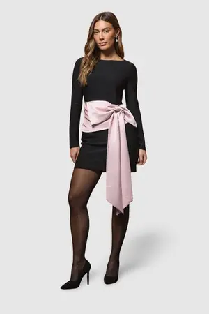 Coast Satin Bow Long Sleeve Mini Dress - Black